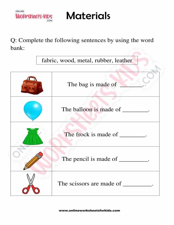 Materials Worksheet For Elementary
