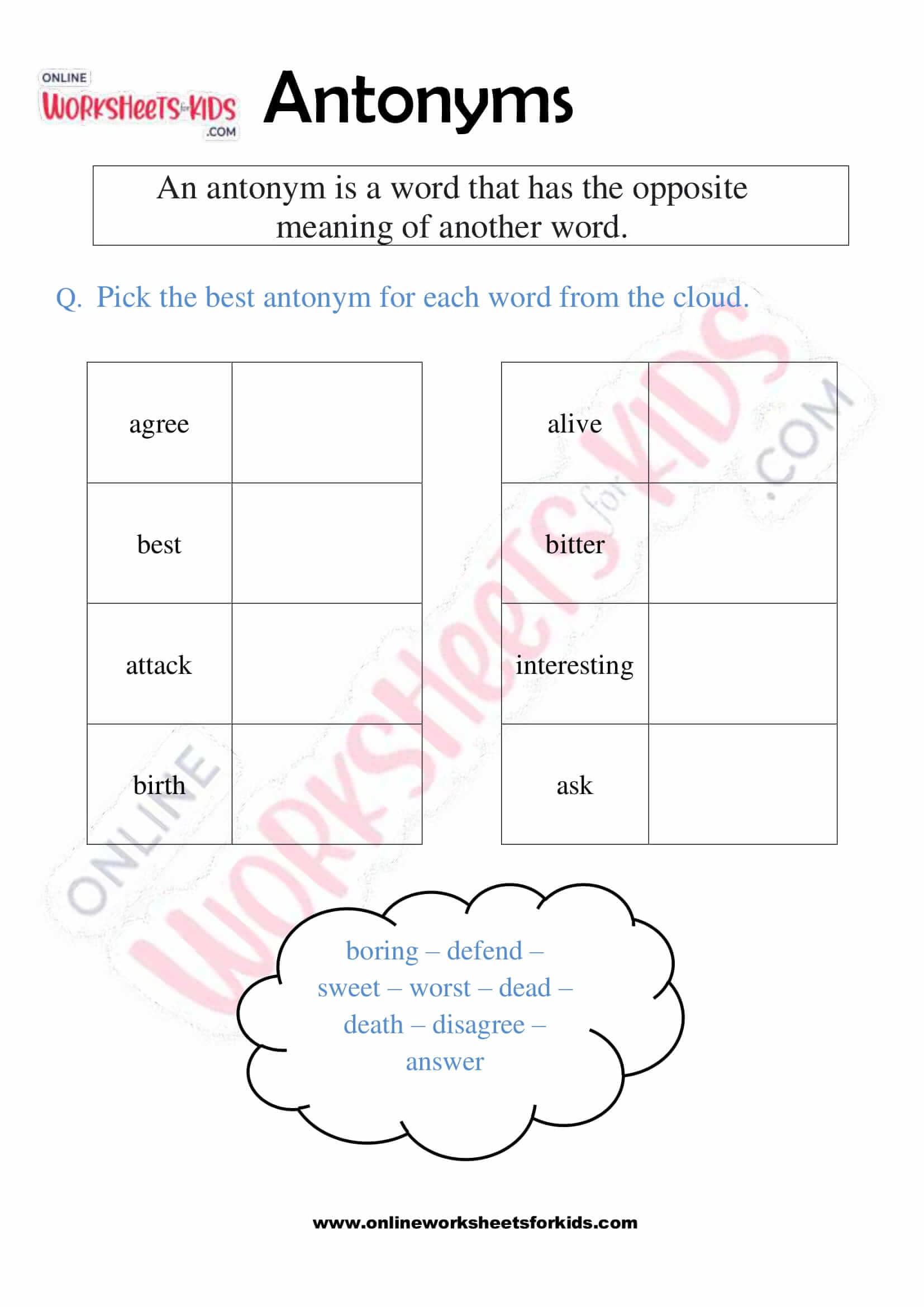 Antonym Worksheets