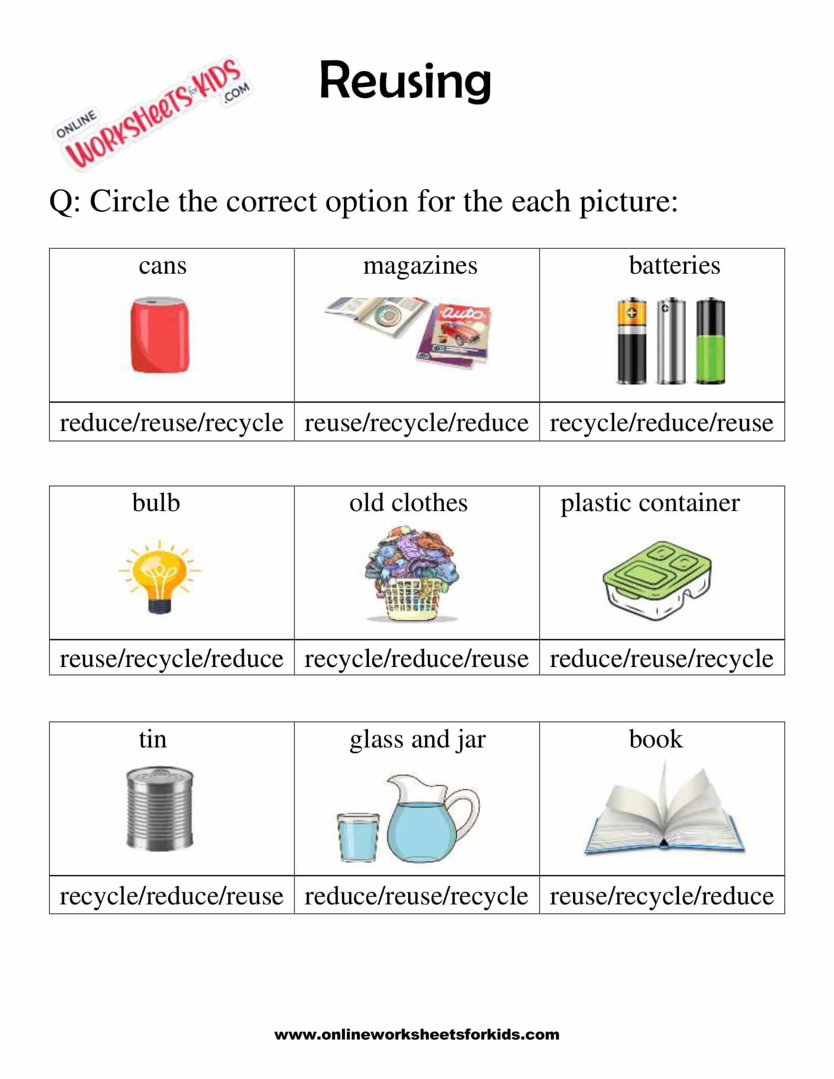 Reduce Reuse Recycle For Kids Worksheets