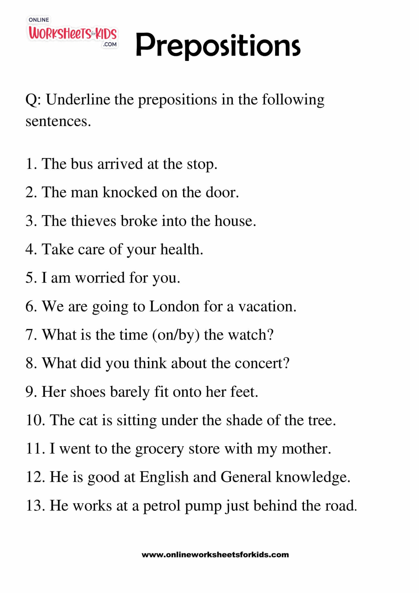 Preposition Worksheets For Grade 1